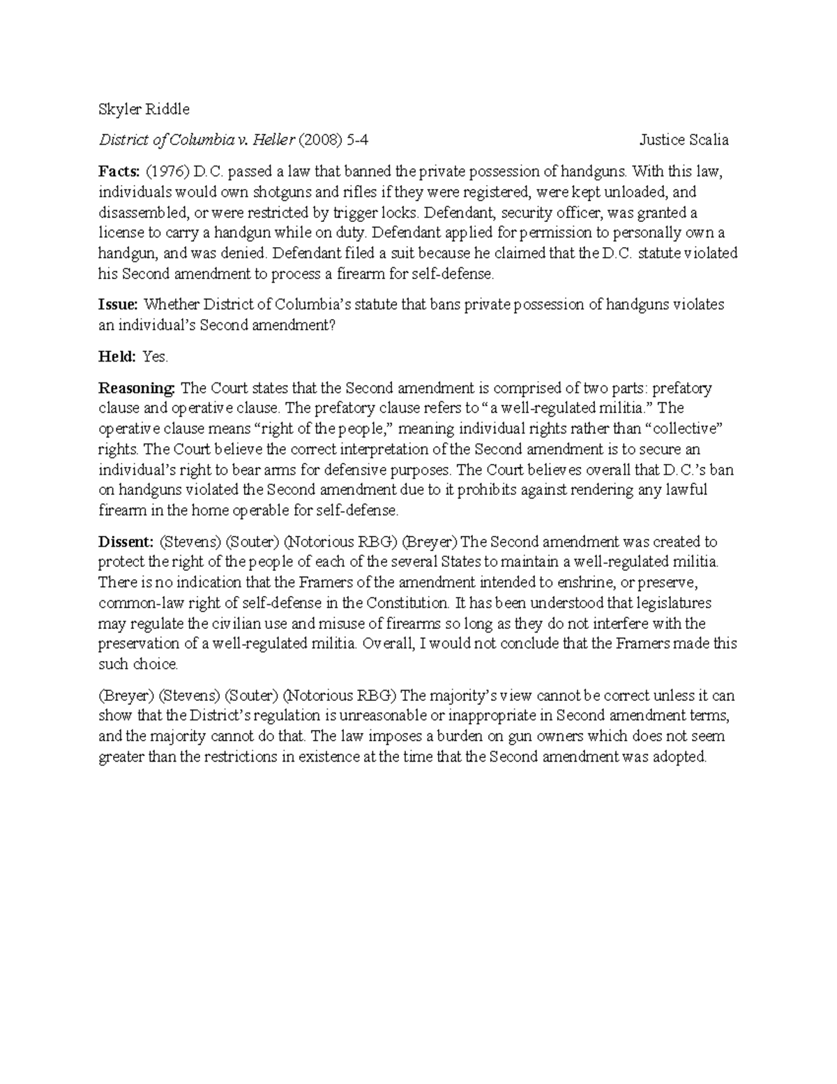 District of Columbia v. Heller - Skyler Riddle District of Columbia v ...