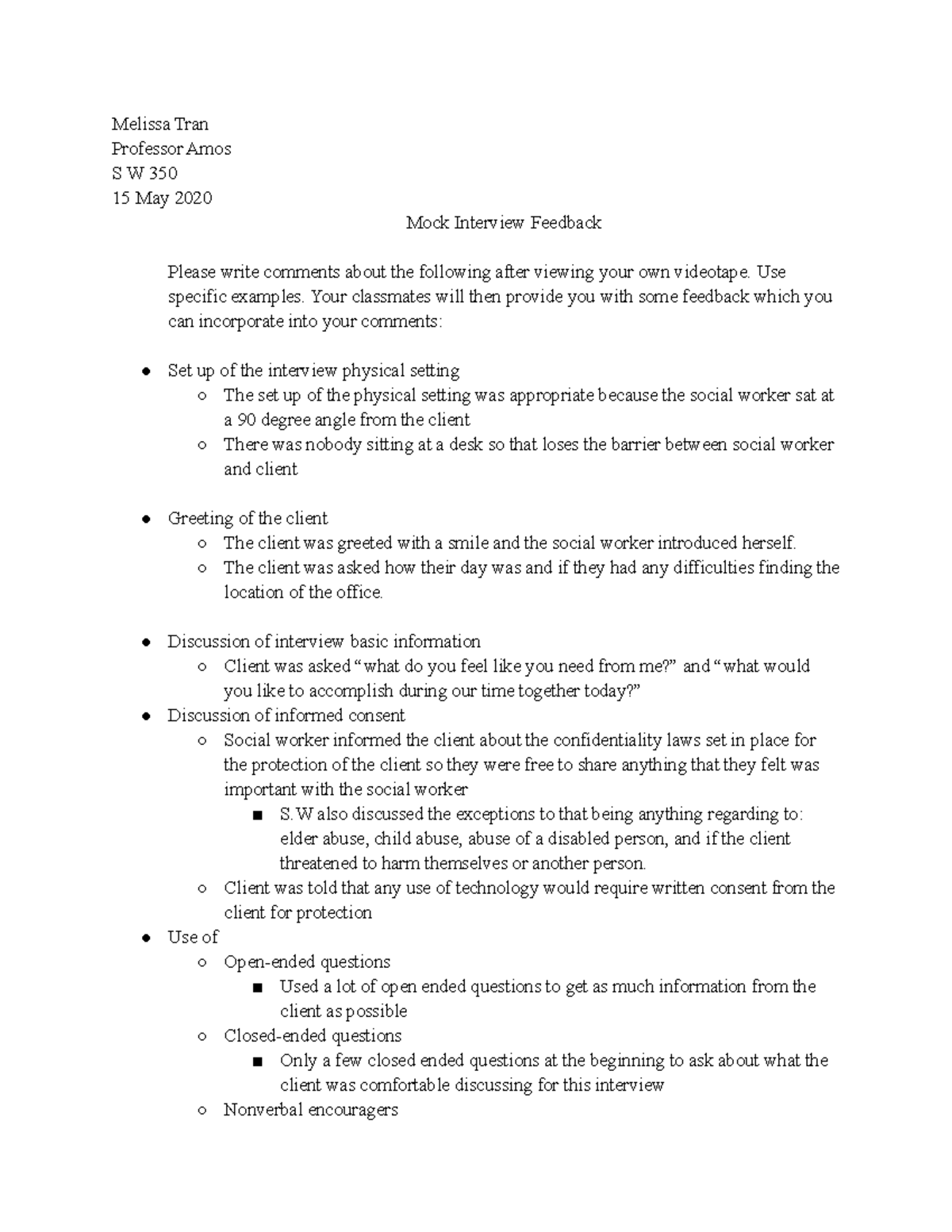 SW 350 Mock Interview Form - Melissa Tran Professor Amos S W 350 15 May ...