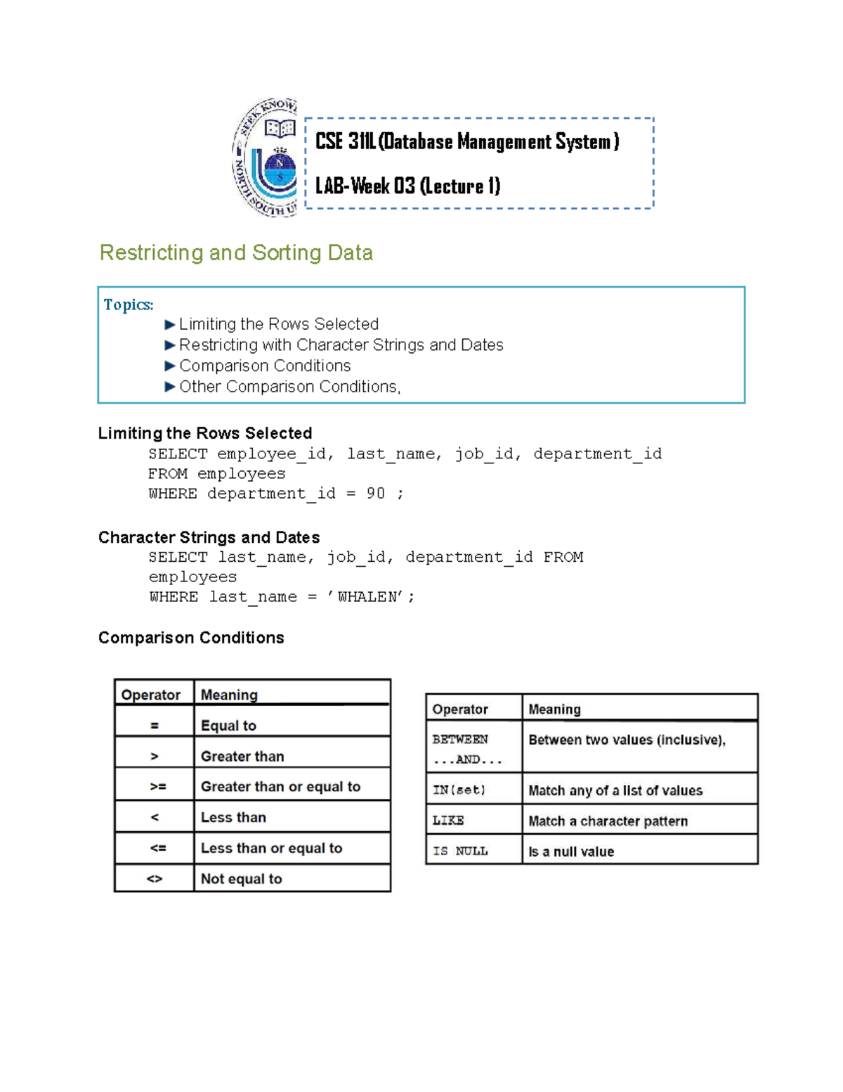 311l W3 Lab Cse 311ldatabase Management System Lab Week 03