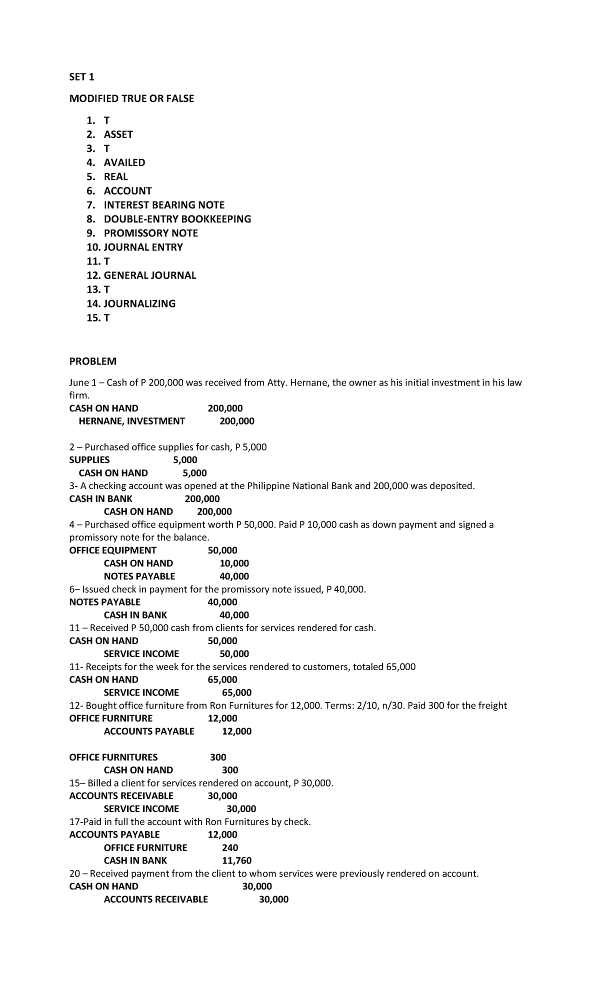 LONG QUIZ Accounting Answer KEY SET 1 AND 2 - SET 1 MODIFIED TRUE OR ...