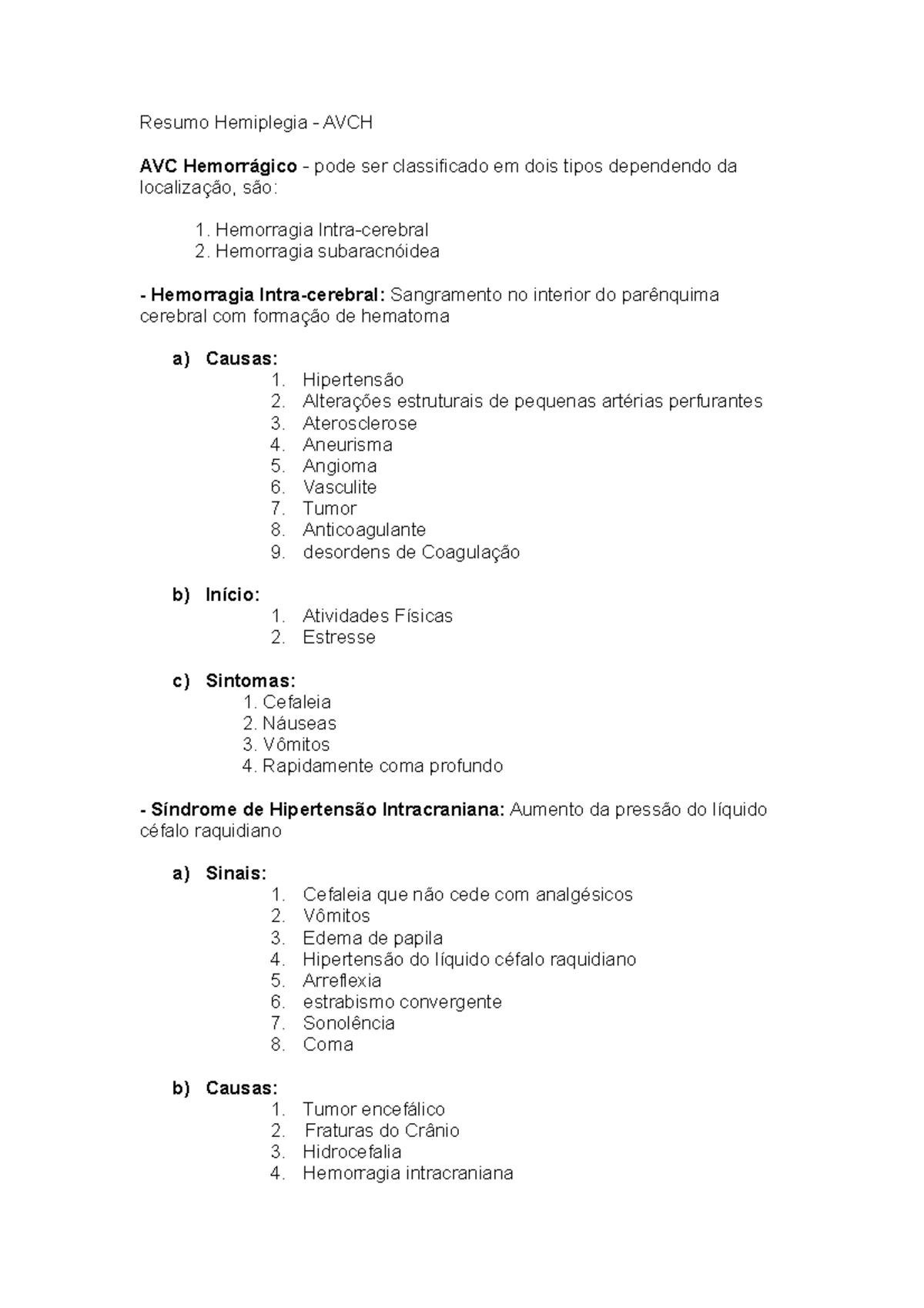 Resumo Hemiplegia - AVCH e Síndromes Lacunares - Resumo Hemiplegia ...