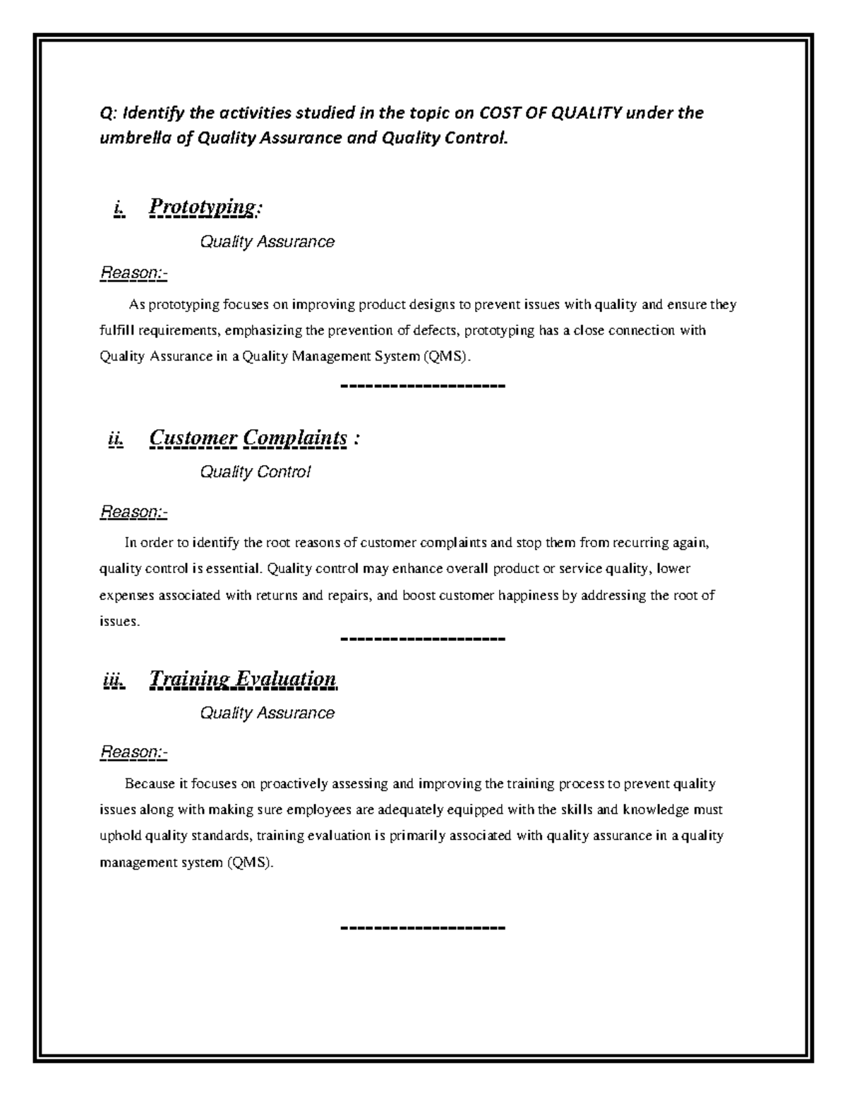 Tqm assign 01 - Q: Identify the activities studied in the topic on COST ...