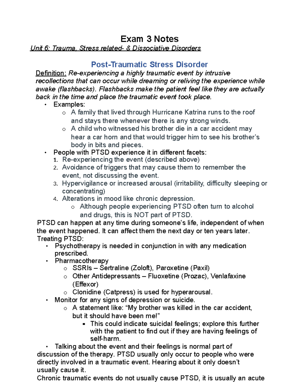 Exam 3 Notes-Mental Health - Exam 3 Notes Unit 6: Trauma, Stress ...