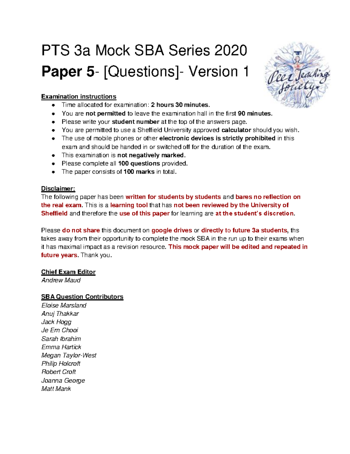Mock SBA 5 - SBA practice - PTS 3a Mock SBA Series 2020 Paper 5 ...