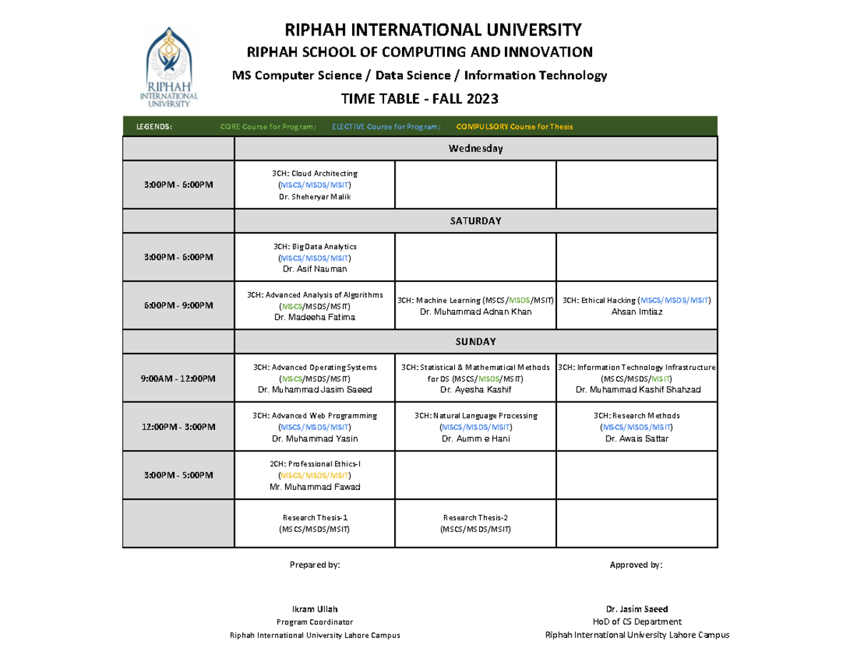 MS Programs Timetable Fall 2023 v-4 - LEGENDS: CORE Course for Program ...