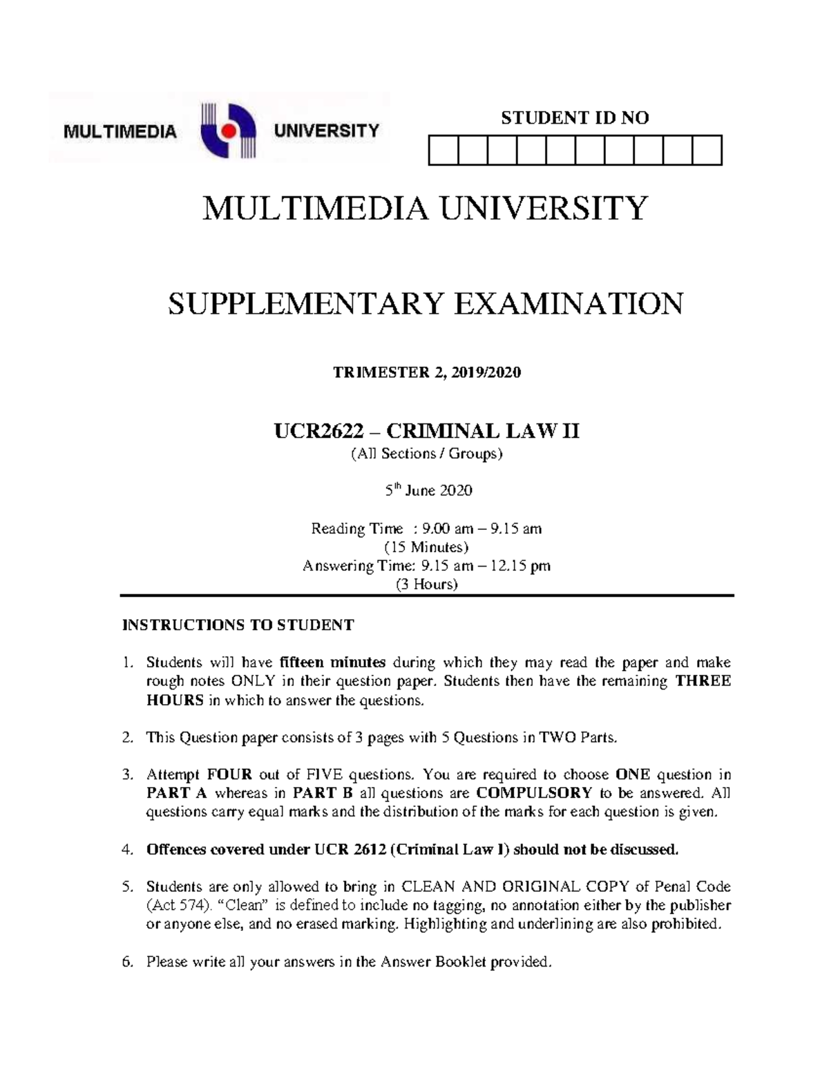 SUPPLEMENTARY EXAMINATION - Criminal law II 19/20 - MULTIMEDIA ...