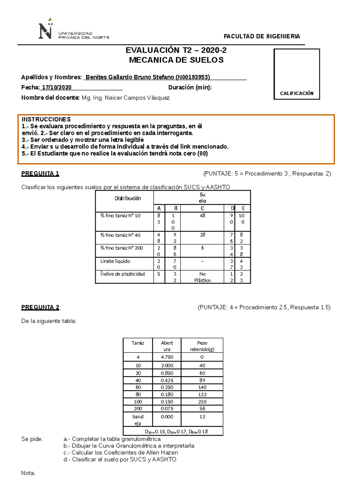 T2 G2 MEC Suelos - fafafaf - FACULTAD DE INGENIERIA EVALUACIÓN T2 ...