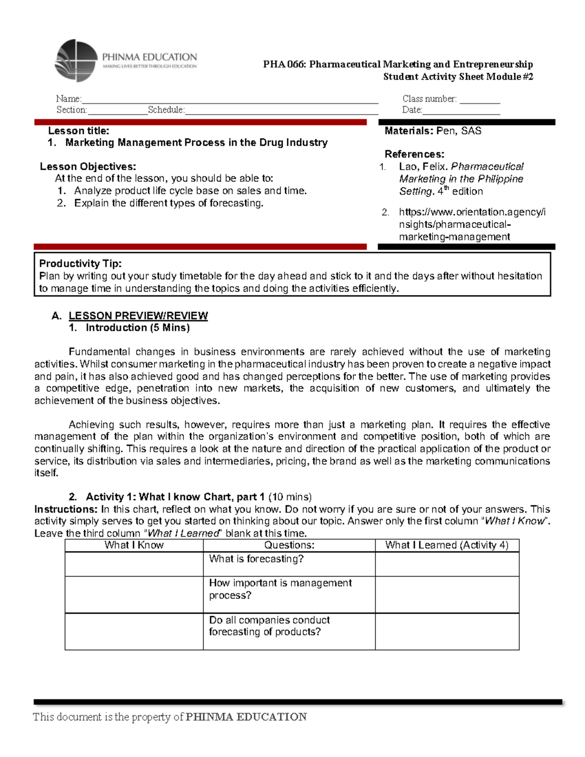 PHA 066 Module 2 SG - Marketing notes - Student Activity Sheet Module ...