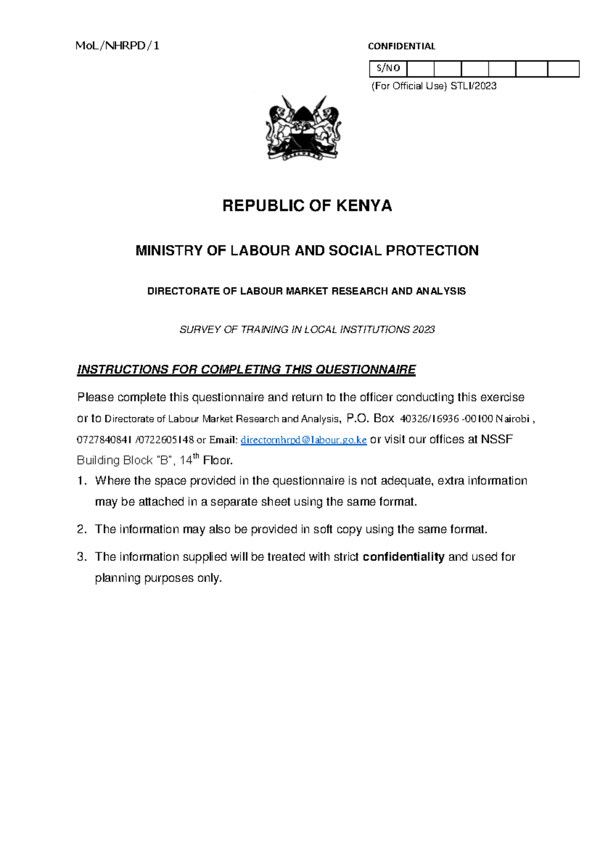 Muliro VTC Completed Questionnaire - MoL/NHRPD/1 CONFIDENTIAL (For ...