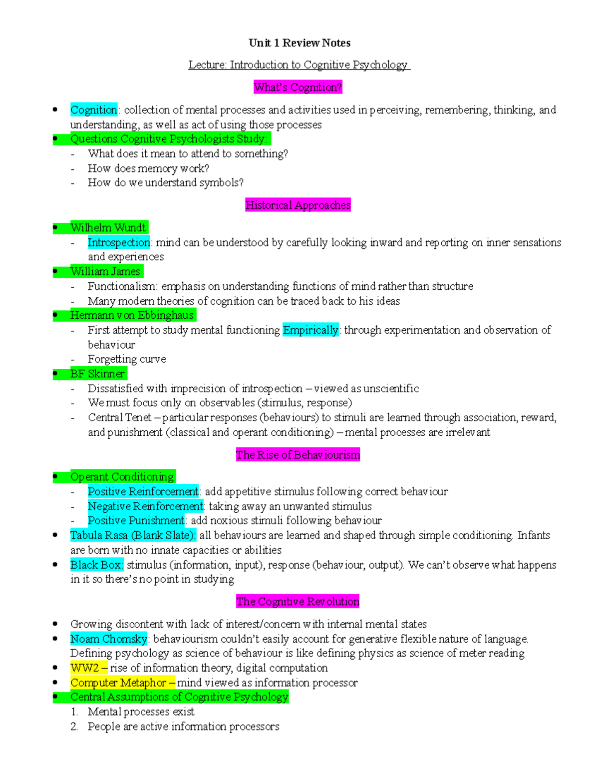 Unit 1 Review Notes - Summary of lecture and textbook material from ...