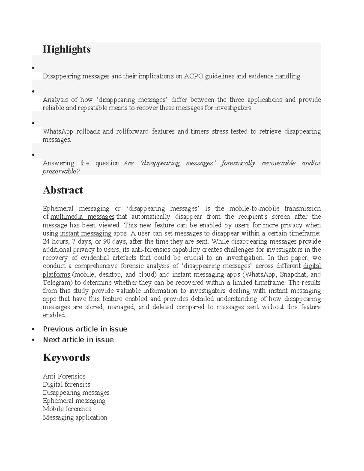 Mobile Forensics Research - Highlights Disappearing messages and their ...