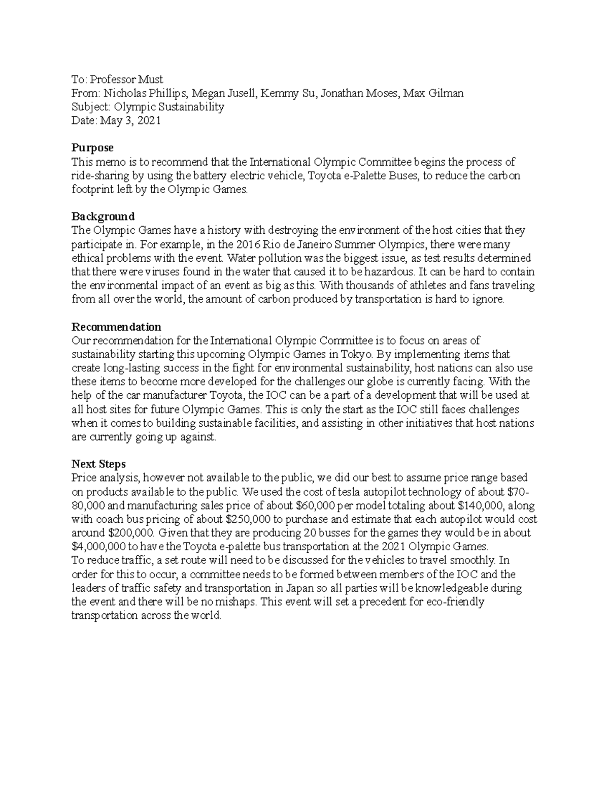 Executive memo - To: Professor Must From: Nicholas Phillips, Megan ...