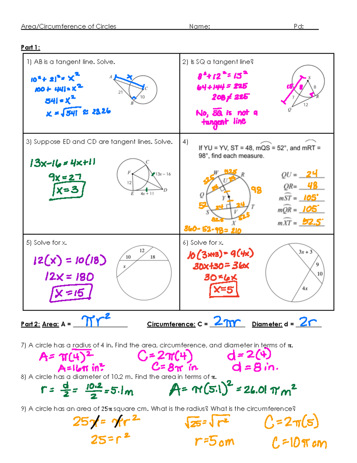 Area-Circumference - ghvgvgvk - Area/Circumference of Circles Name: _________________________ Pd ...