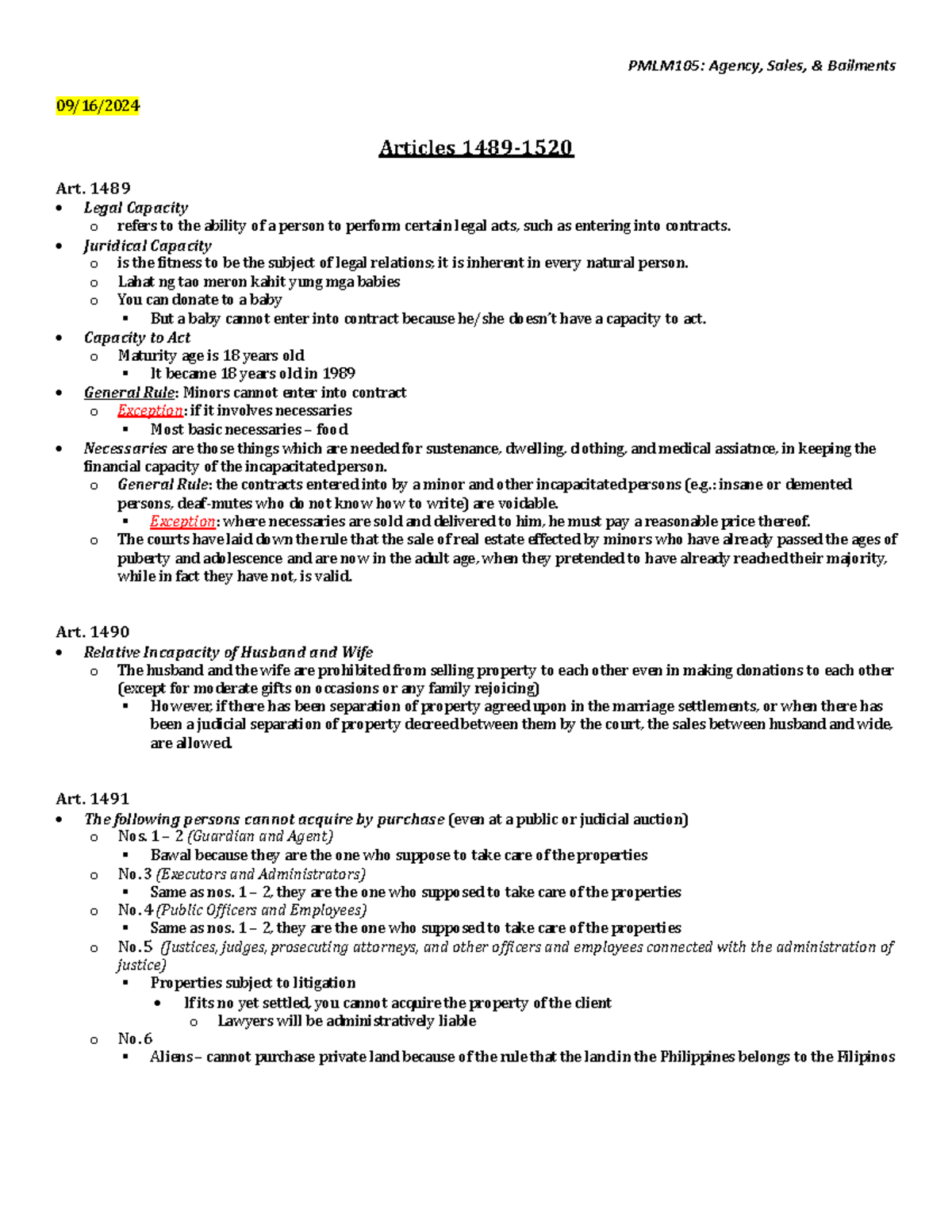 Law on Sales [Arts. 1489 - 1520] - 09 / 16 /20 24 Articles 14 89 - 1520 ...