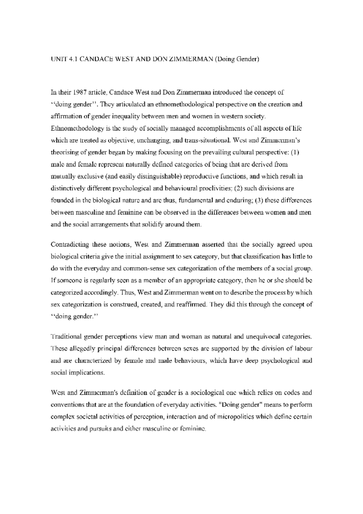 Gender Unit 4.1 West, Zimmerman - Sociology Of Gender - Studocu
