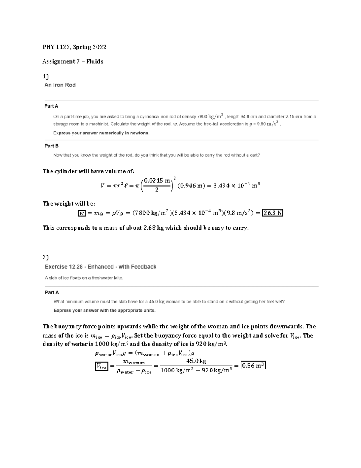 A7 solutions 20225 - PHY 1122, Spring 2022 Assignment 7 3 Fluids The ...