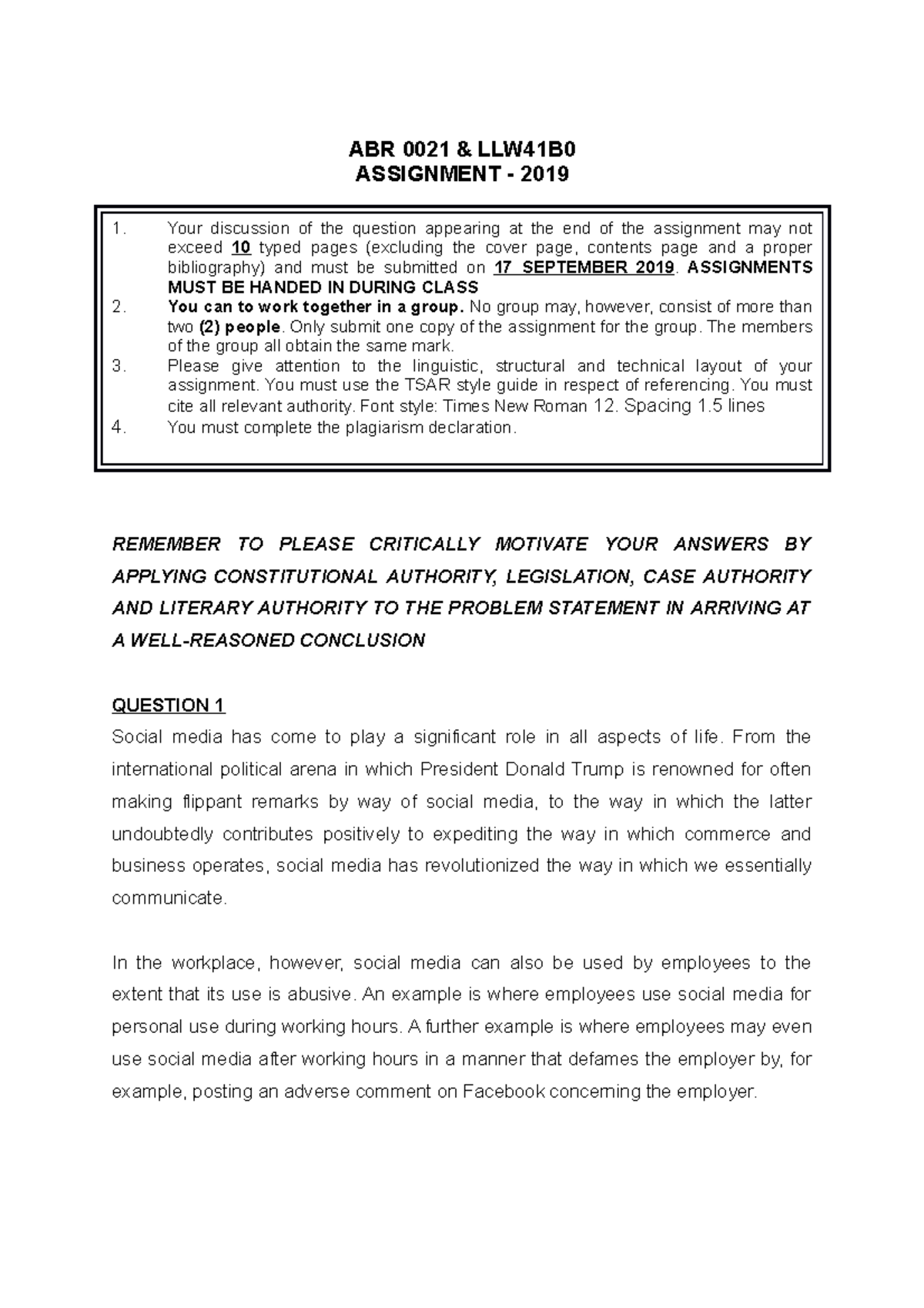 Assignment 2019 - ABR 0021 & LLW41B ASSIGNMENT - 2019 Your discussion ...