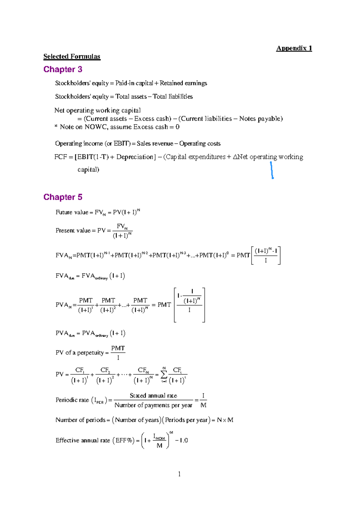 FM Formula - Summary Financial Management - Appendix 1 Selected Formulas Chapter 3 Stockholders ...