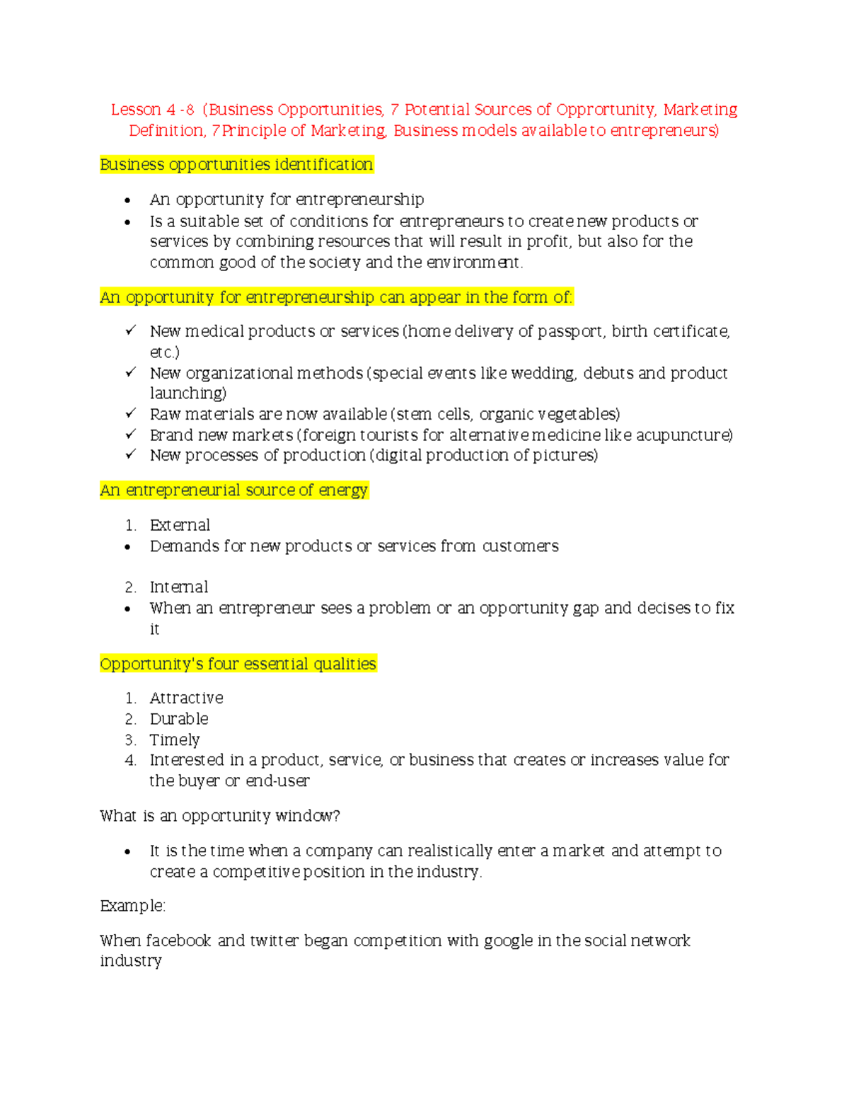 Entrepreneurship Lesson 4 to 8 notes - Lesson 4 -8 (Business ...