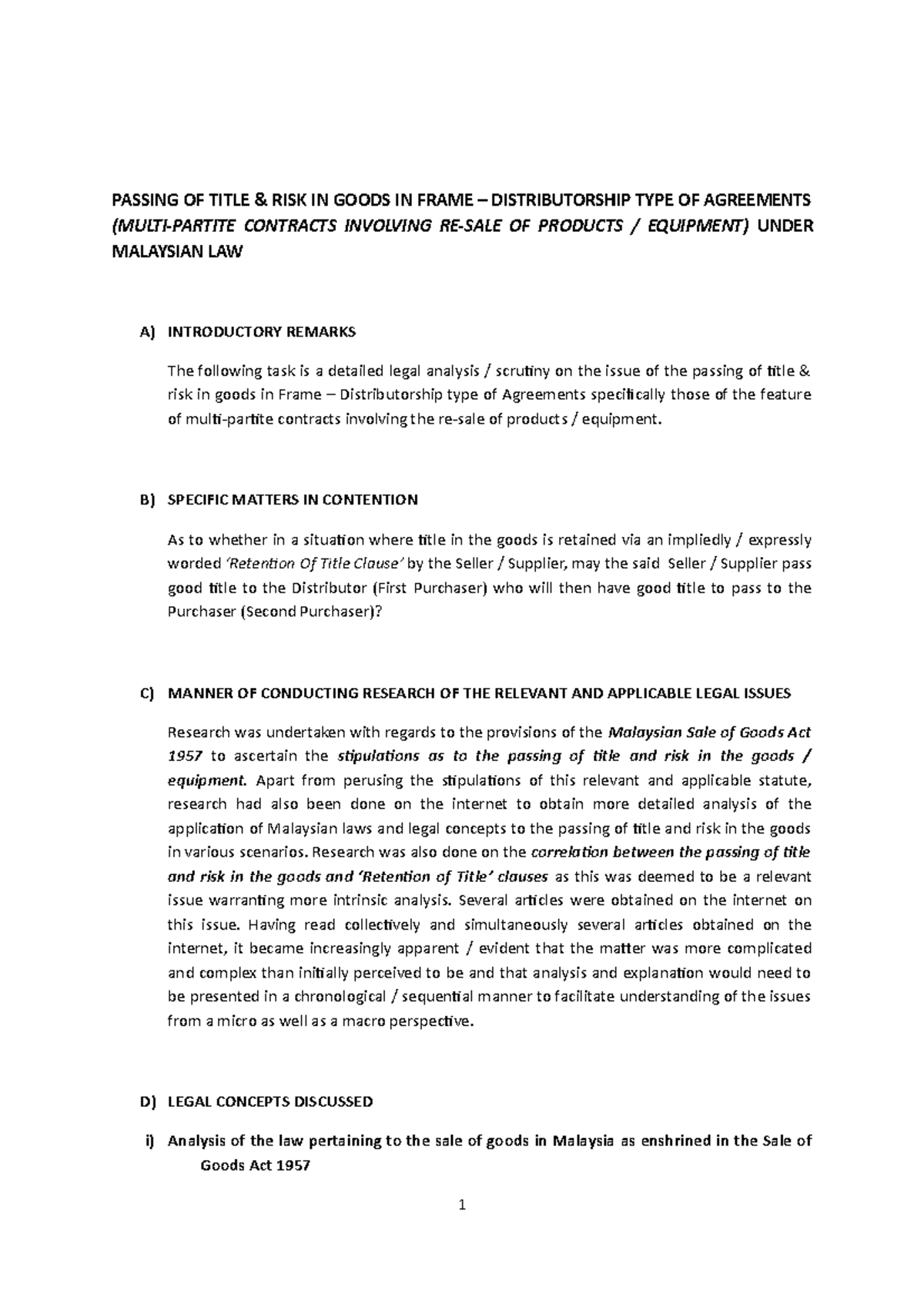 Passing OF Title and RISK IN Goods IN FR1 - PASSING OF TITLE & RISK IN ...