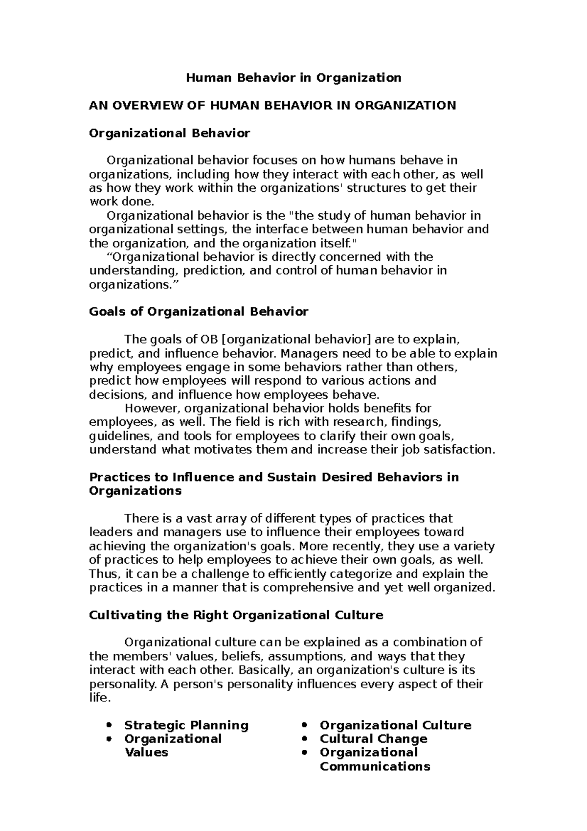 Human Behavior in Organization - Organizational behavior is the "the ...