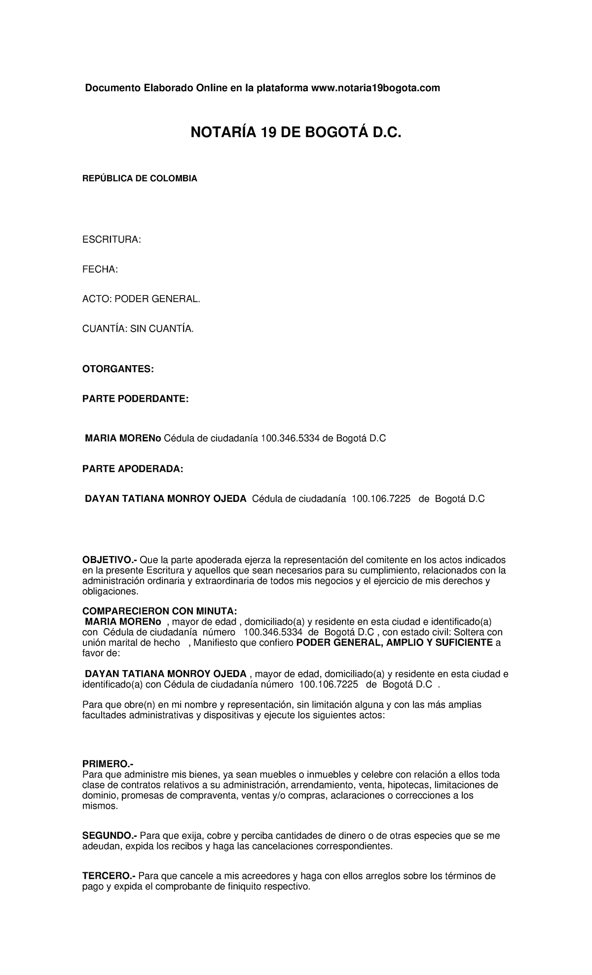 Poder general - Documento Elaborado Online en la plataforma ...
