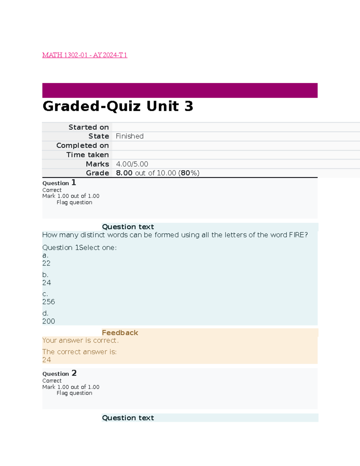 MATH 1302 week 3 - WEEK 3 EXAM - MATH 1302-01 - AY2024-T Graded-Quiz ...