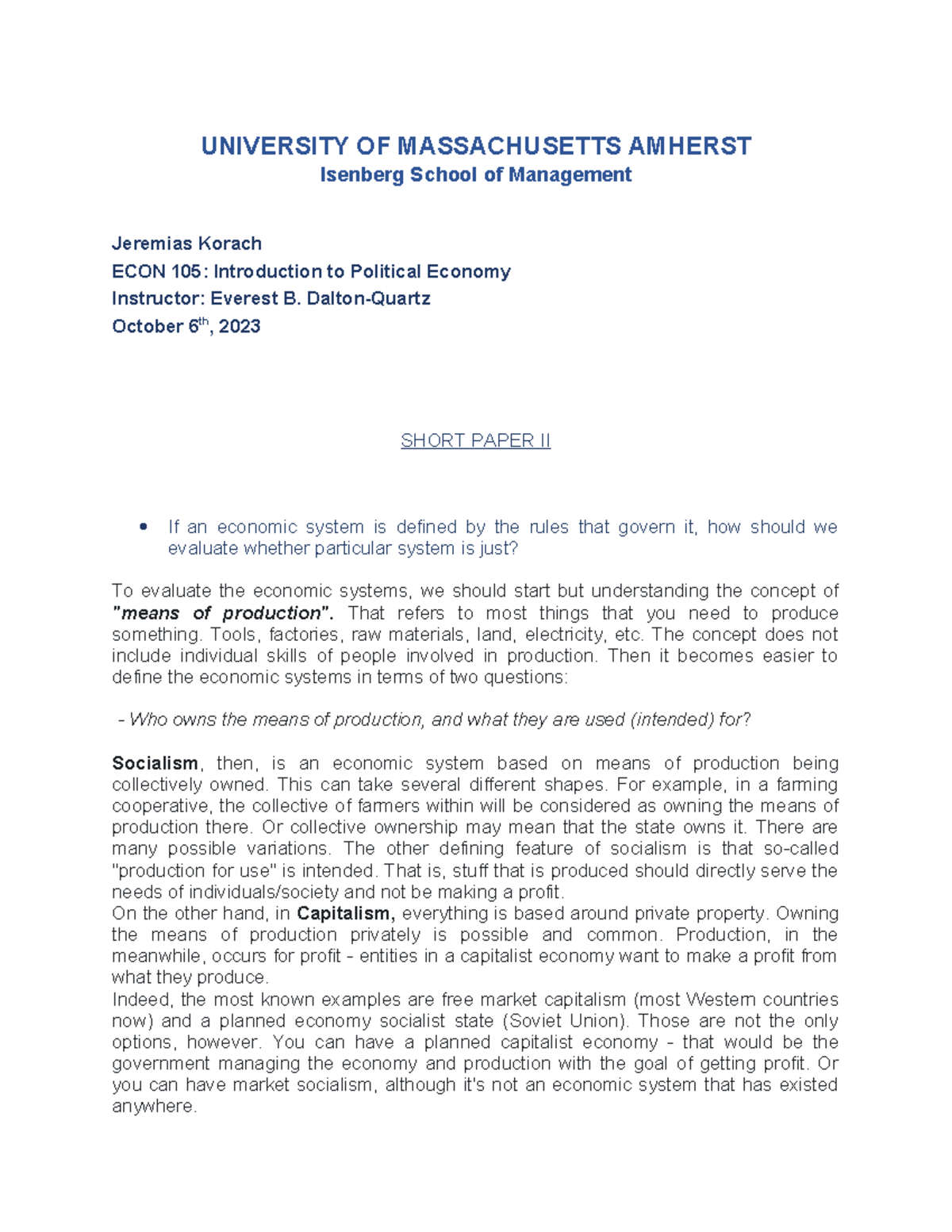 Short Paper II - Jeremias Korach - UNIVERSITY OF MASSACHUSETTS AMHERST ...