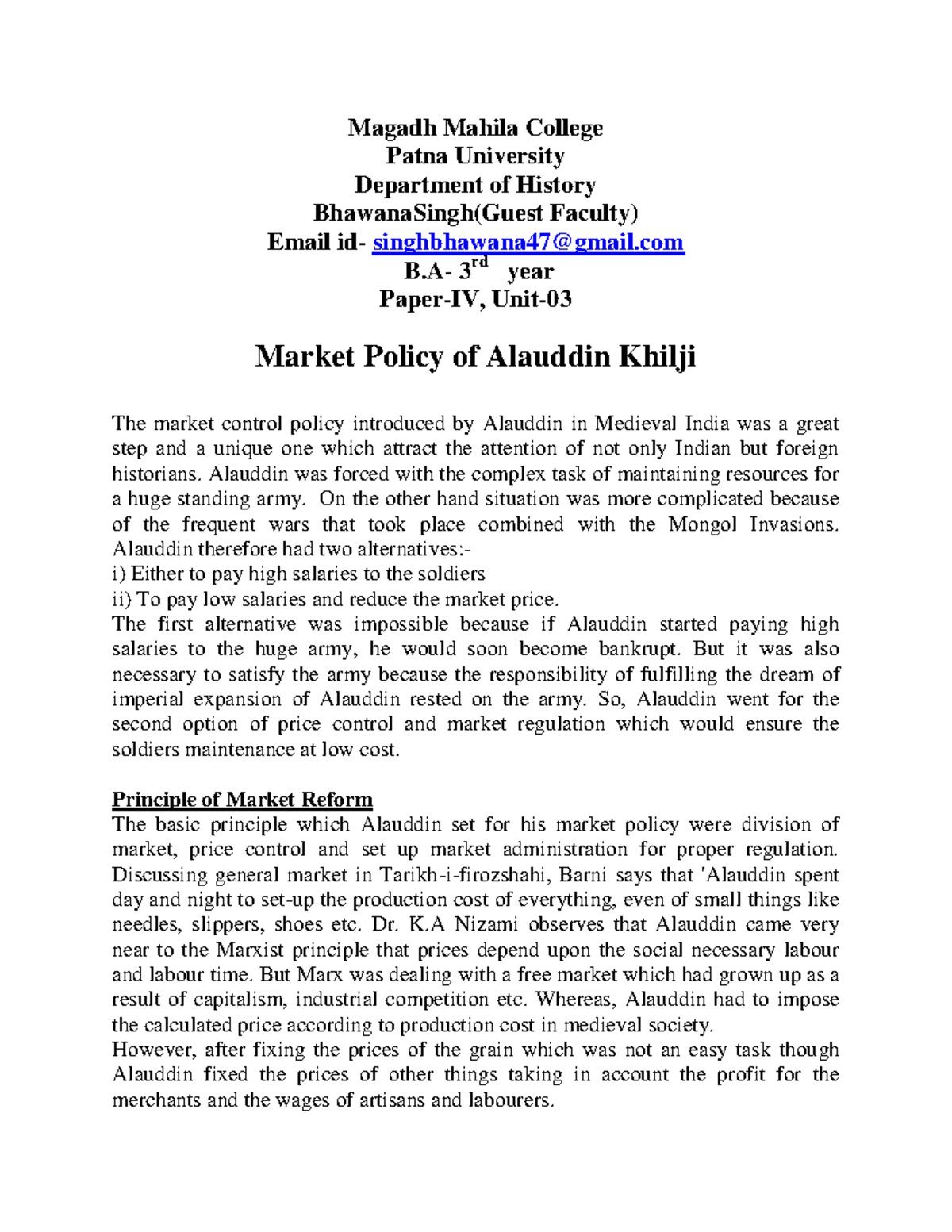 Market policy of Allauddin Khilji - Magadh Mahila College Patna ...