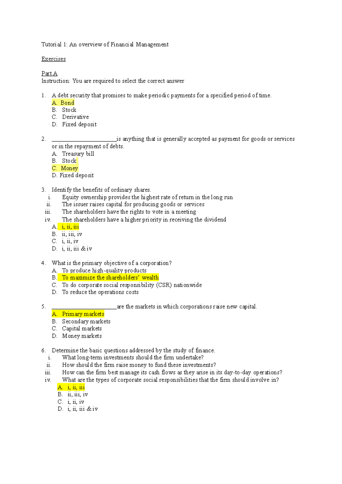 Tutorial 1 - financial management August session 2021 - Tutorial 1: An ...