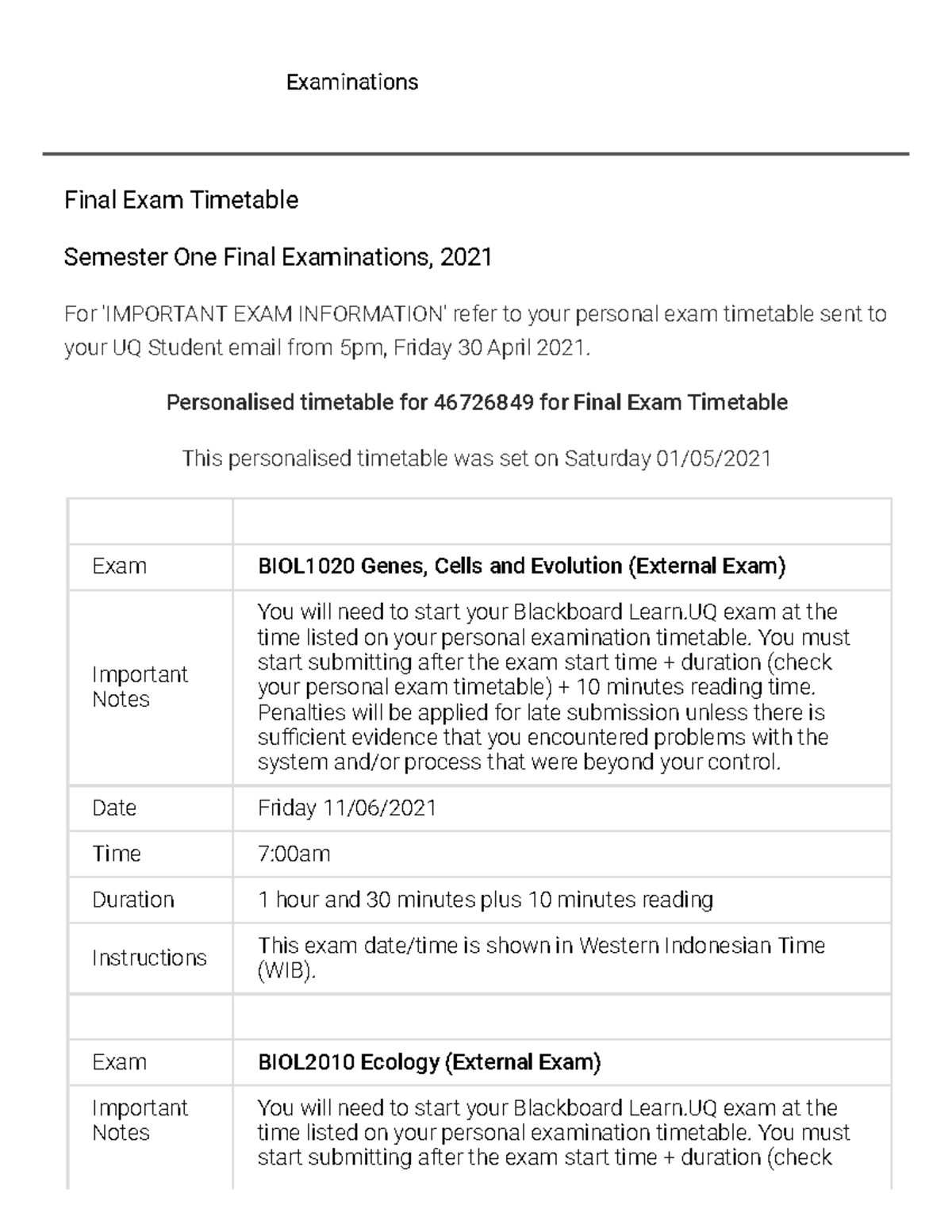Year 1 Sem 1 Exam Timetable - Examinations Final Exam Timetable ...