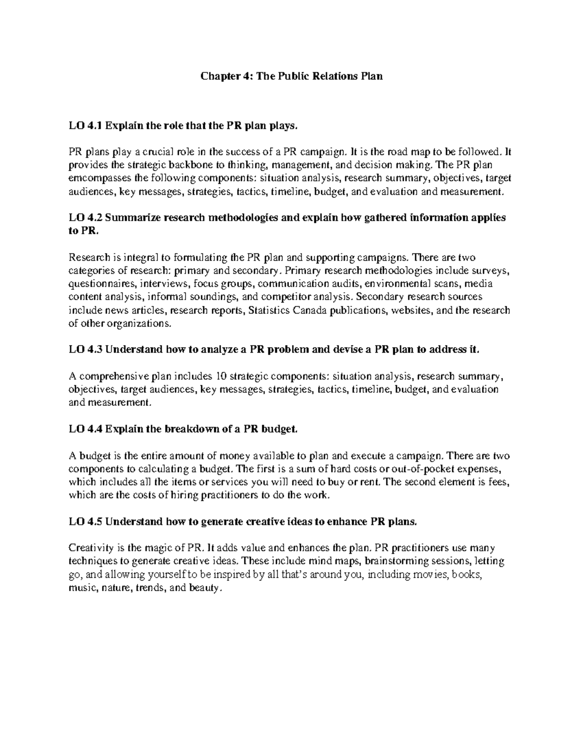 PRLN 1150 chapter 4 lecture note - Chapter 4: The Public Relations Plan ...