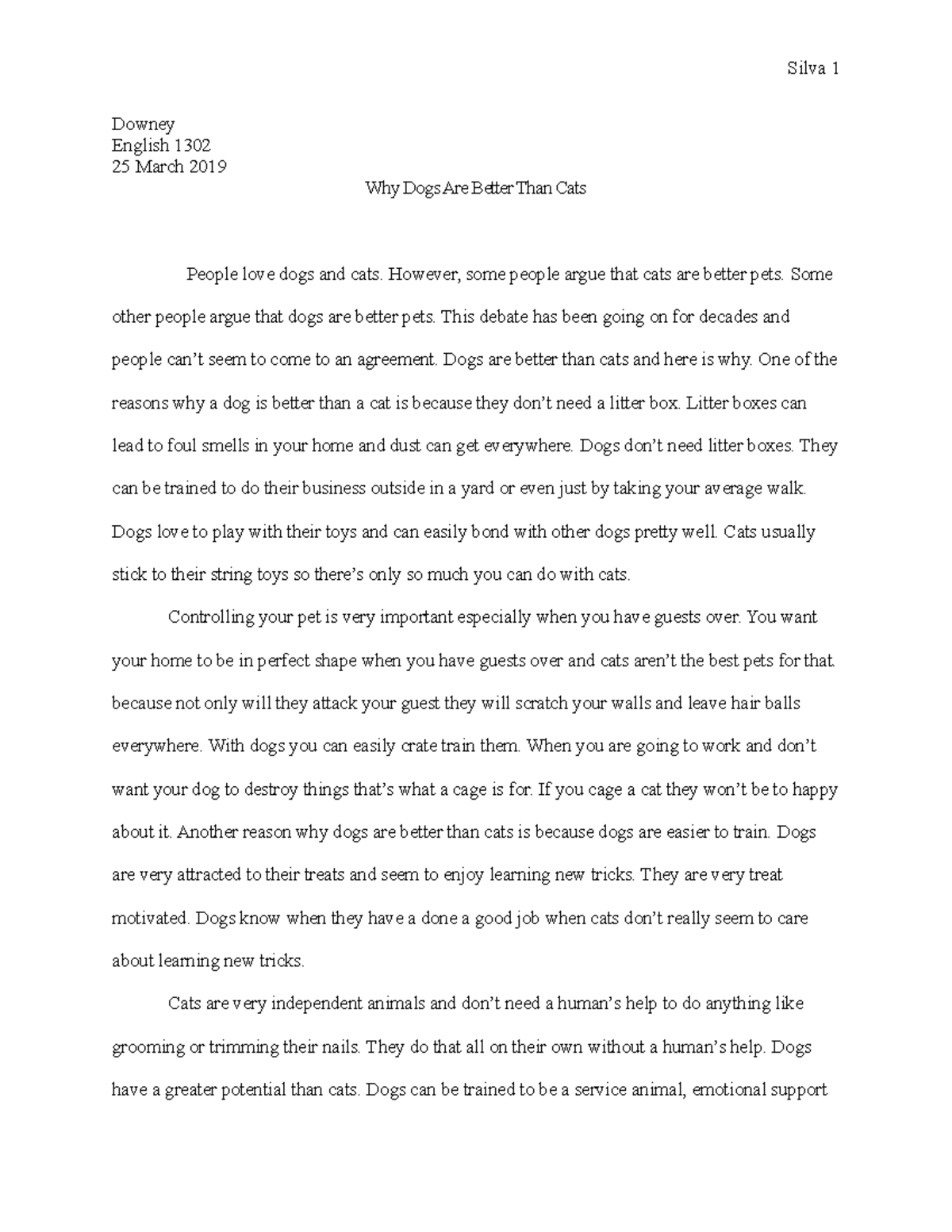 Why dogs are better than cats - Silva 1 Downey English 1302 25 March ...
