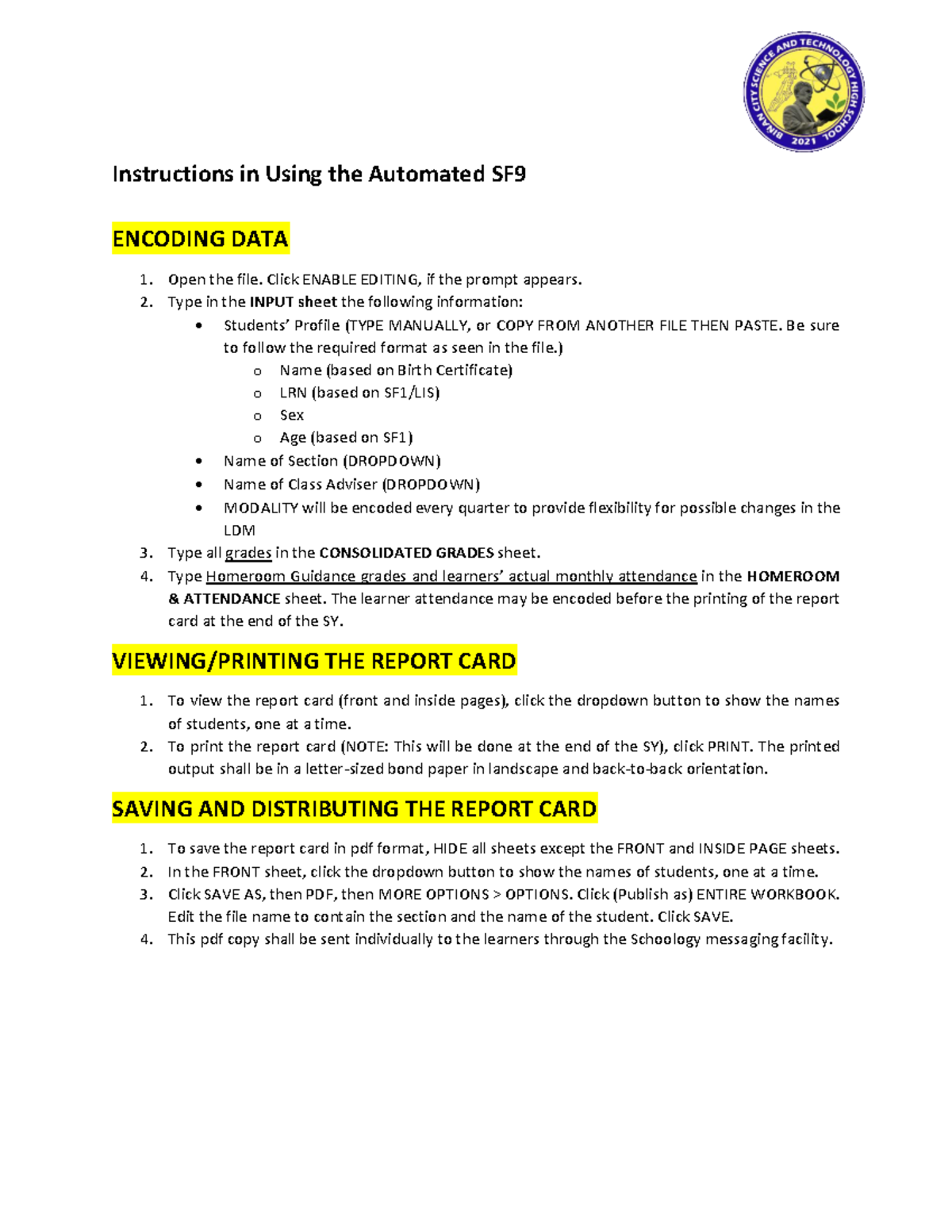 Instructions in Using the Automated SF9 - Instructions in Using the ...