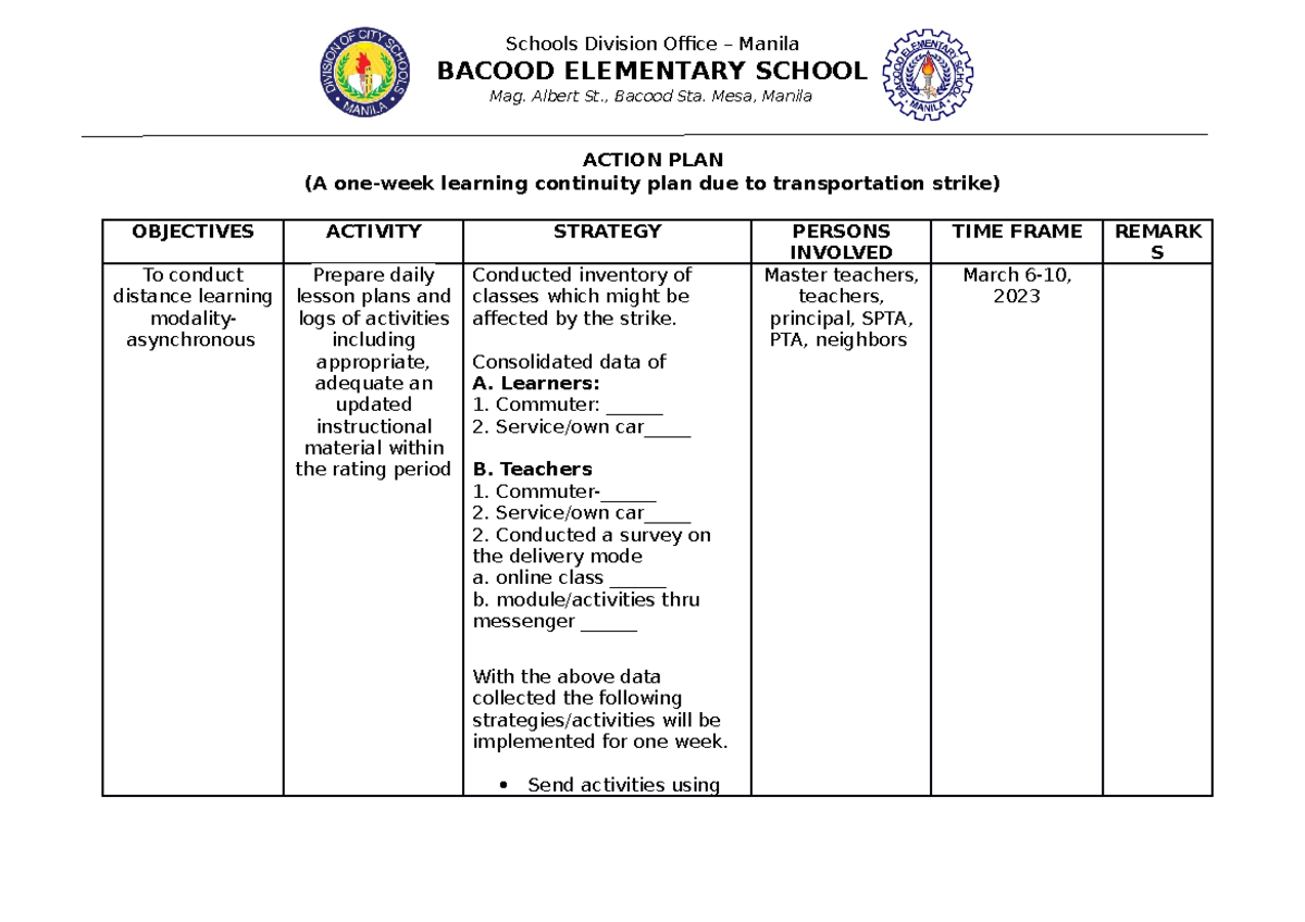 Action PLAN - Schools Division Office – Manila BACOOD ELEMENTARY SCHOOL ...