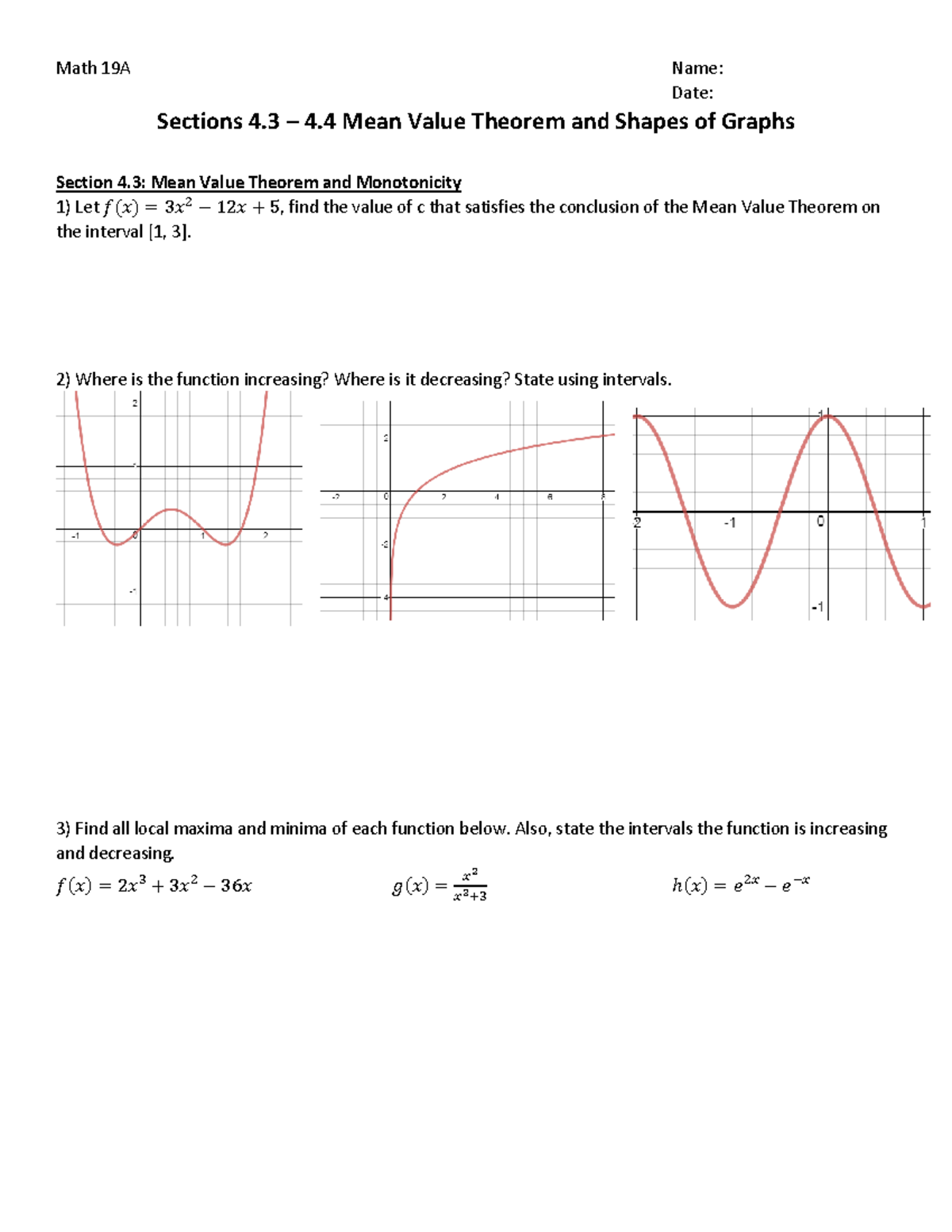 Worksheet Week 8 4.3 - 4.4 - Math 19A Name: Date: Sections 4 4 Mean ...