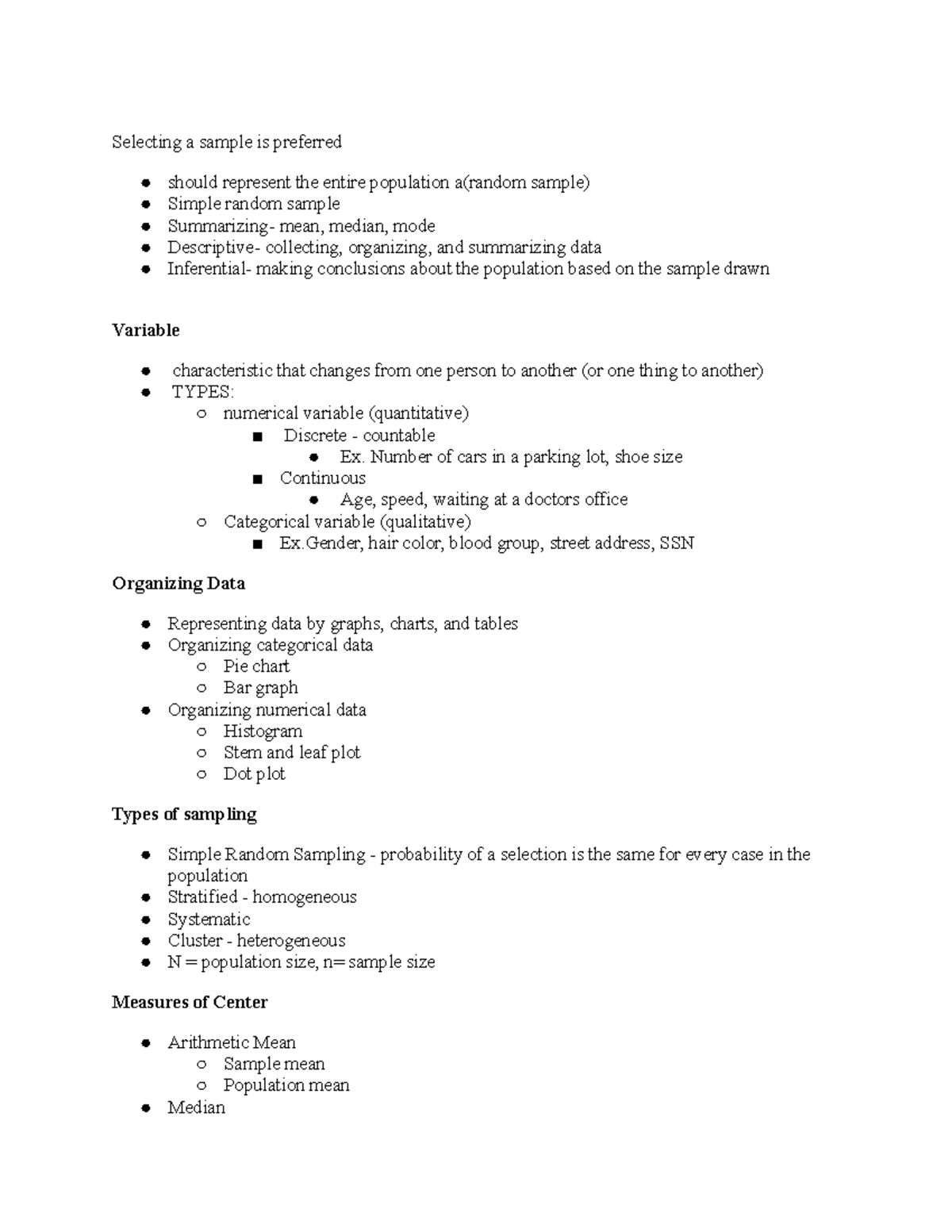 Stat - Lecture 1 and 2 - Selecting a sample is preferred should represent the entire population ...