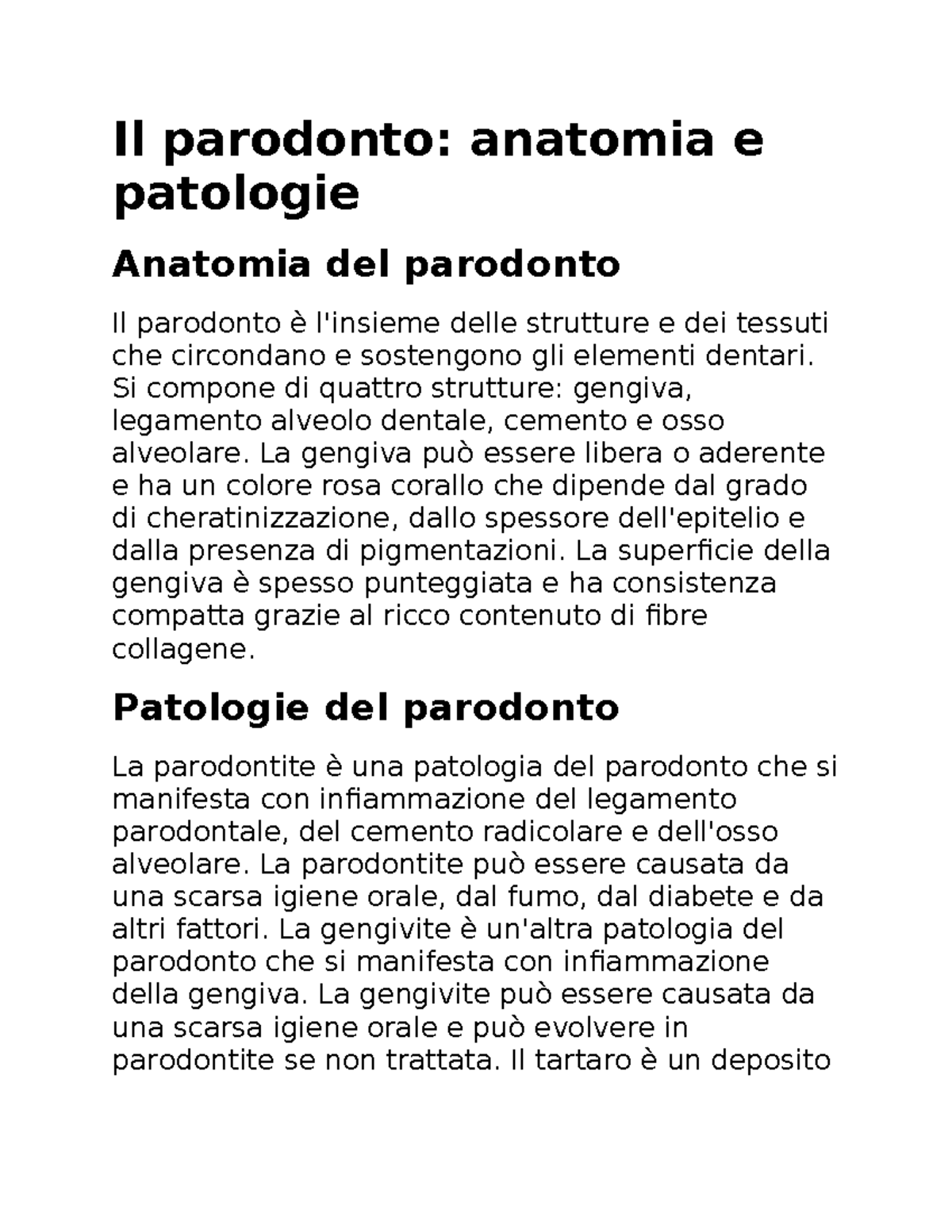 Riassunto Il parodonto anatomia e patologie - Il parodonto: anatomia e ...
