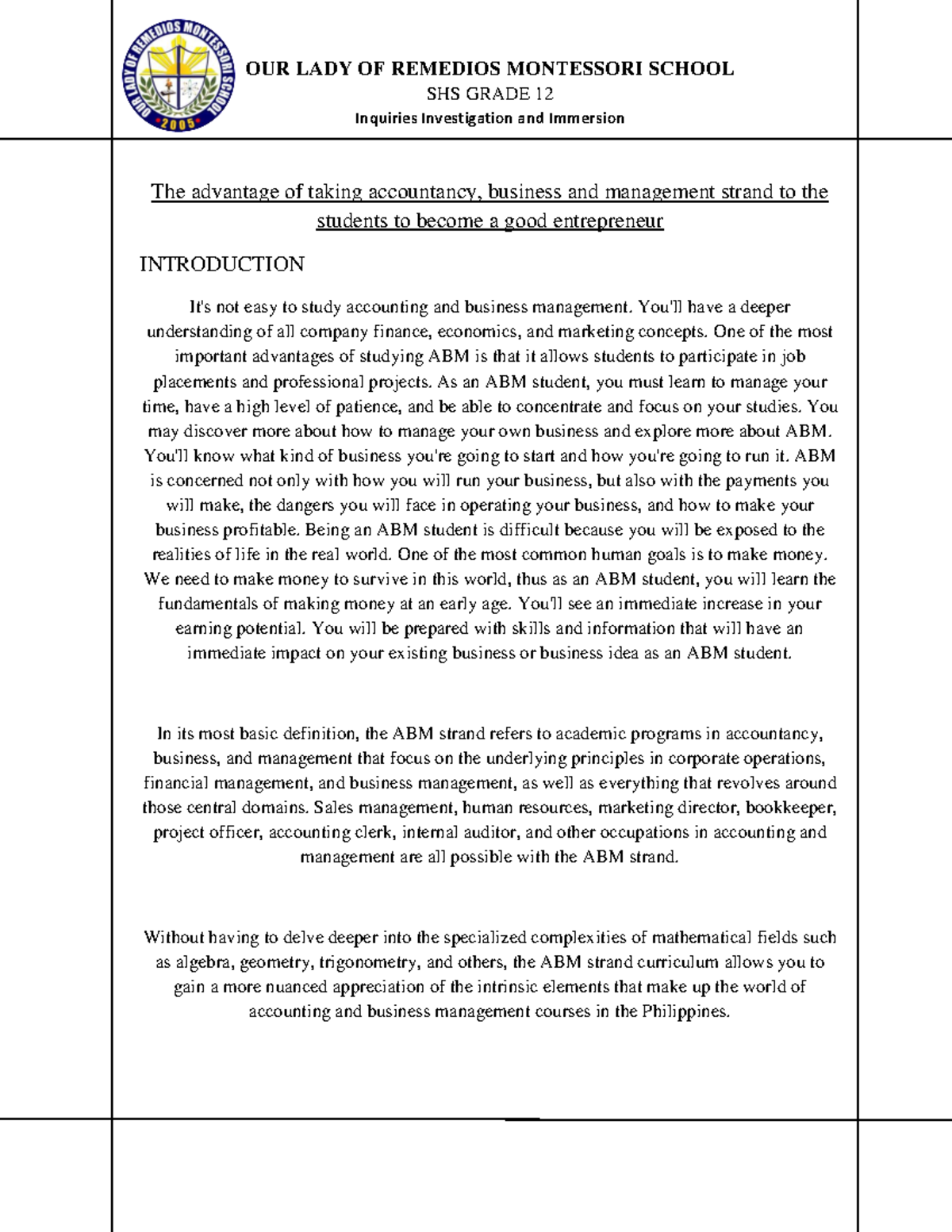 Introduction practical research 1 - OUR LADY OF REMEDIOS MONTESSORI ...