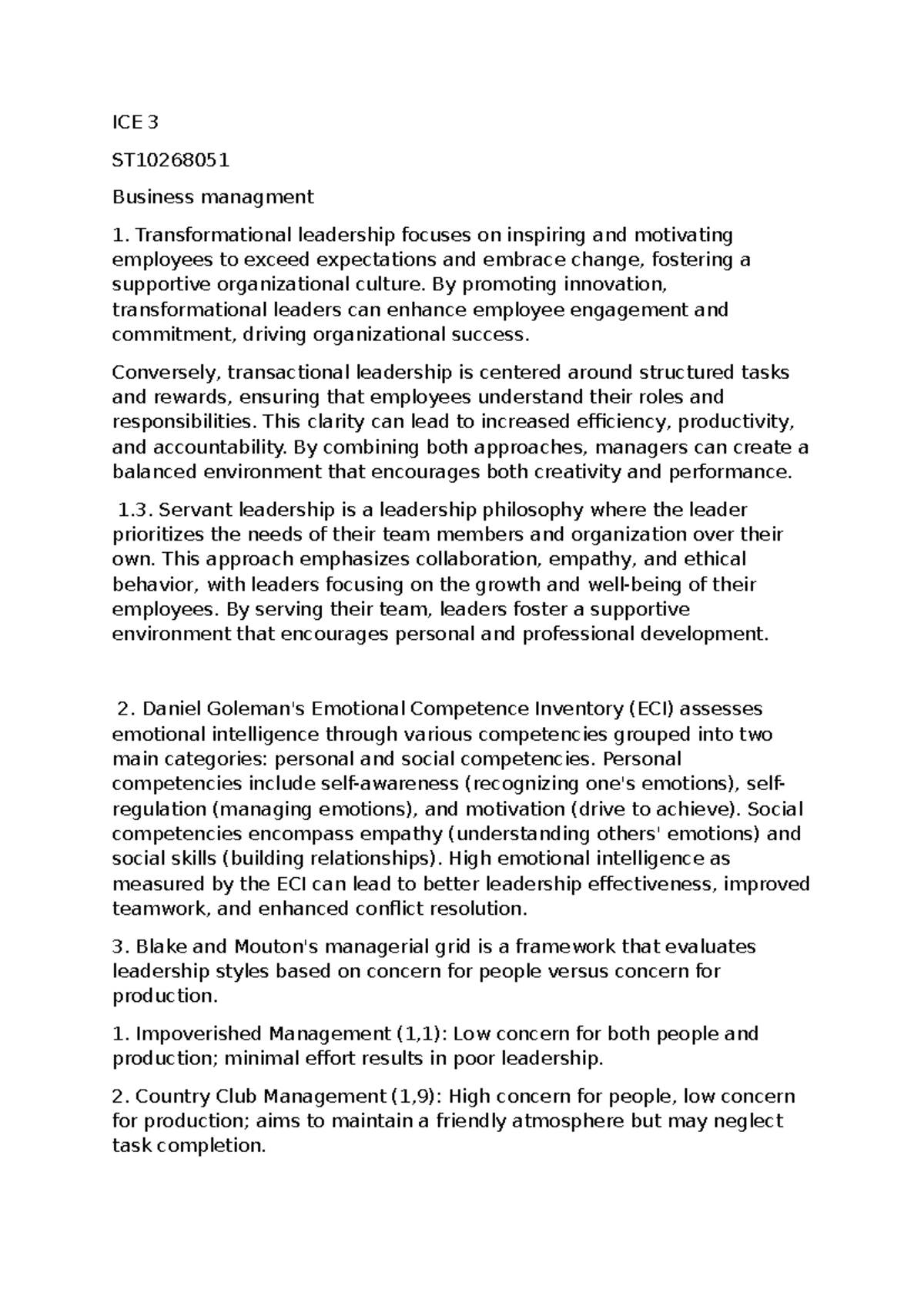 ICE 3 - ice task - ICE 3 ST Business managment Transformational ...