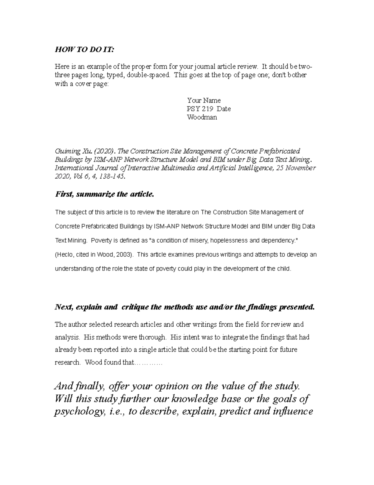 Assignment 2 Article Review - HOW TO DO IT: Here is an example of the ...