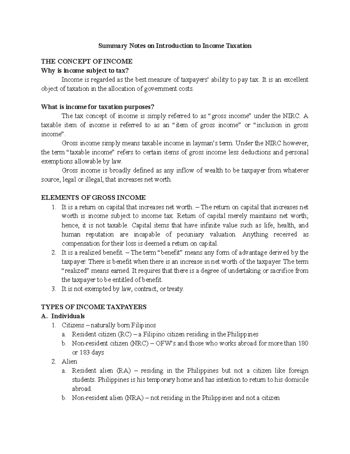 Summary Notes on Introduction to Income Taxation - It is an excellent ...