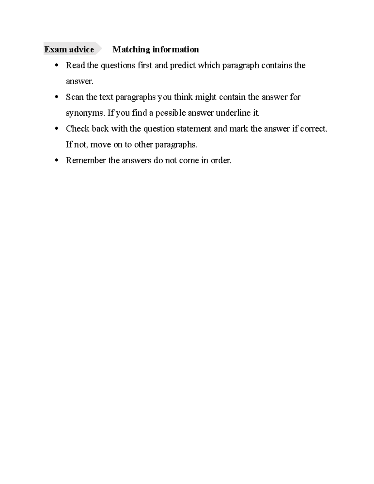Matching information - Scan the text paragraphs you think might contain ...