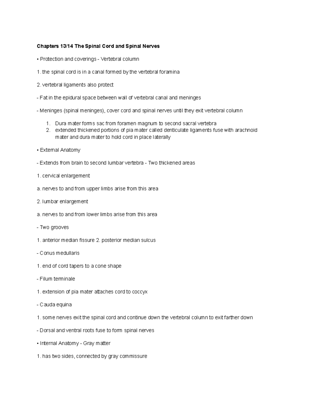 Anatomy 13-14 Notes - Chapters 13/14 The Spinal Cord and Spinal Nerves ...