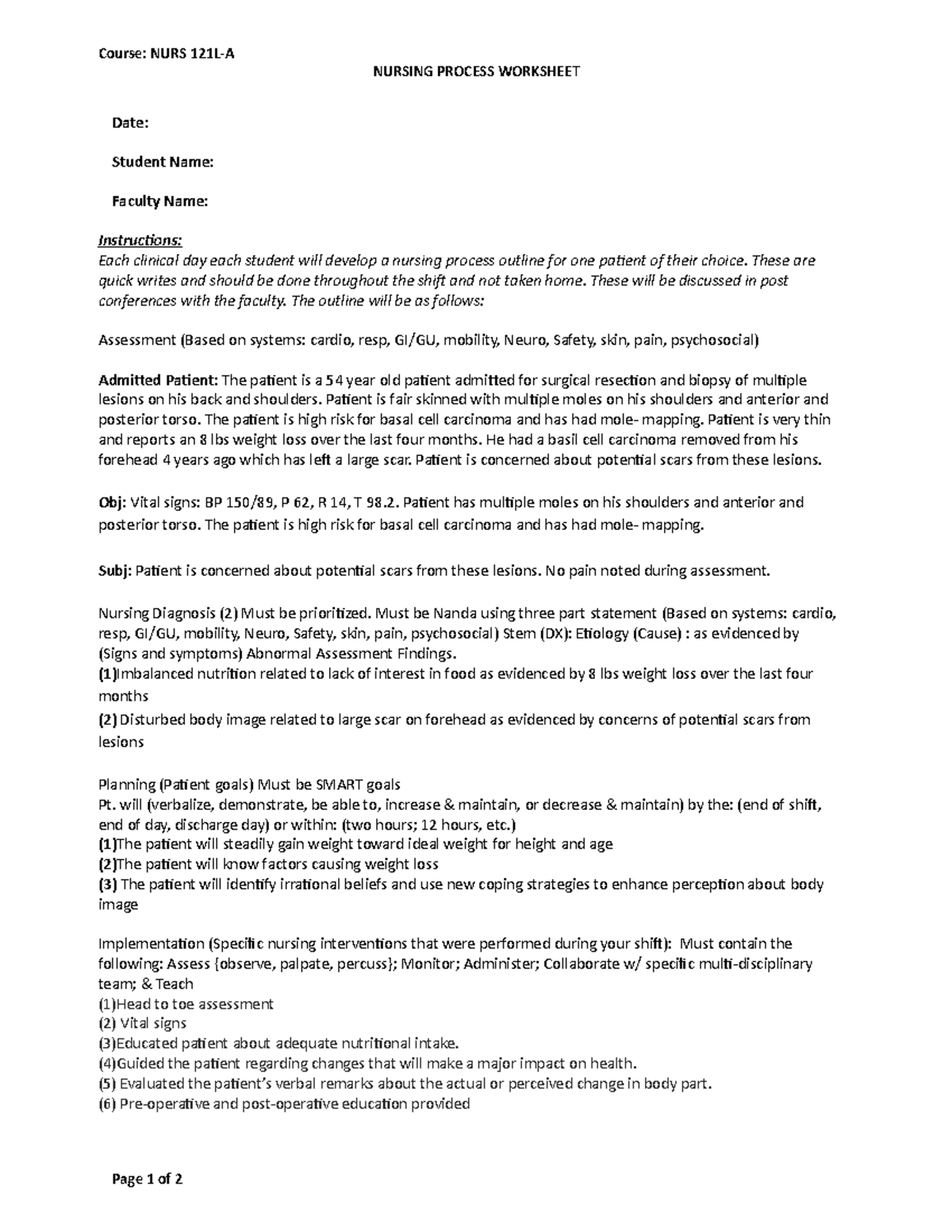 Week 9 Nursing Process Worksheet - Course: NURS 121L-A NURSING PROCESS ...