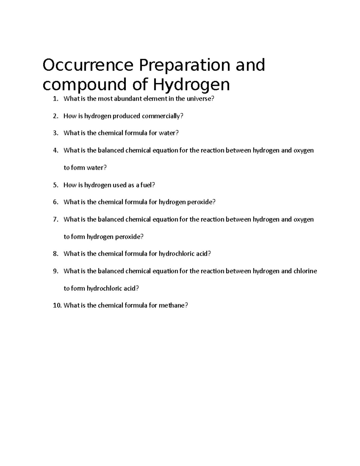 Occurrence Preparation and compound of Hydrogen - Occurrence ...