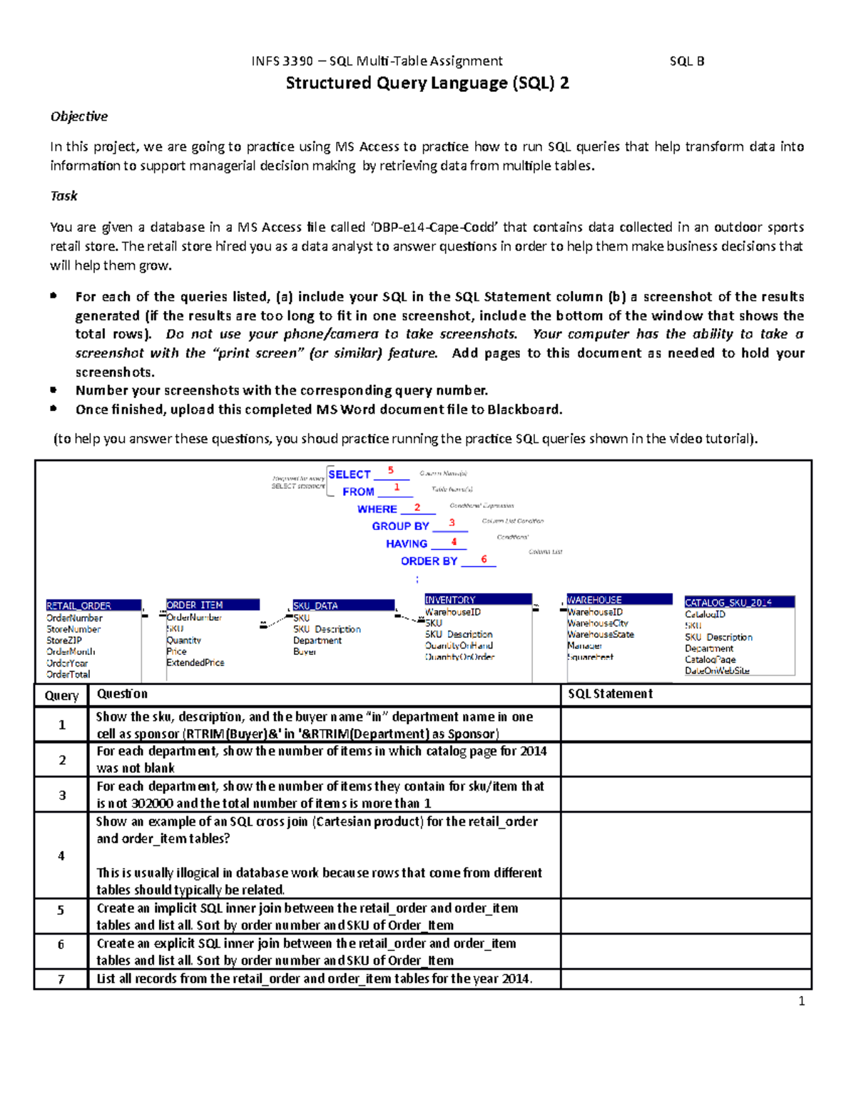 Sql Multi Table With Access Assignment Infs 3390 Sql Multi Table Assignment Sql B Structured