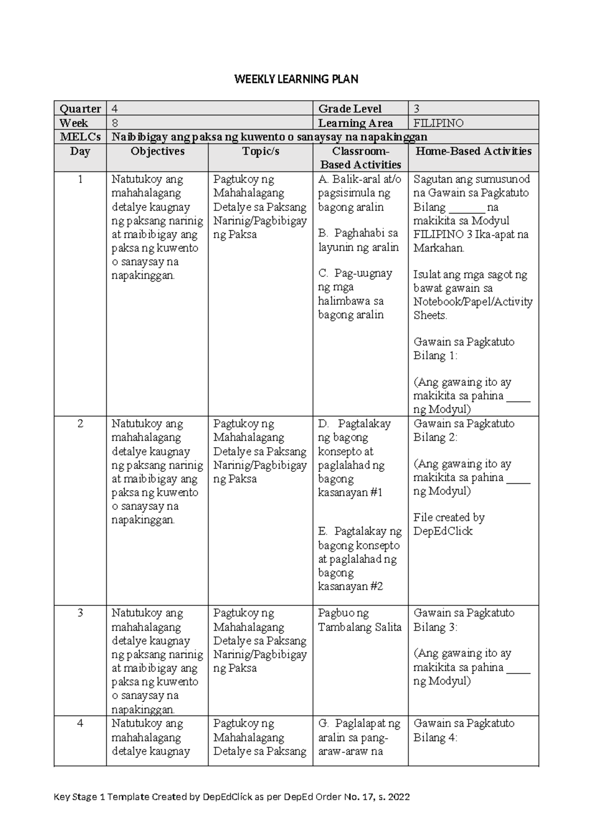 WLP Q4 W8 G3 - WEEKLY LEARNING PLAN Quarter 4 Grade Level 3 Week 8 ...