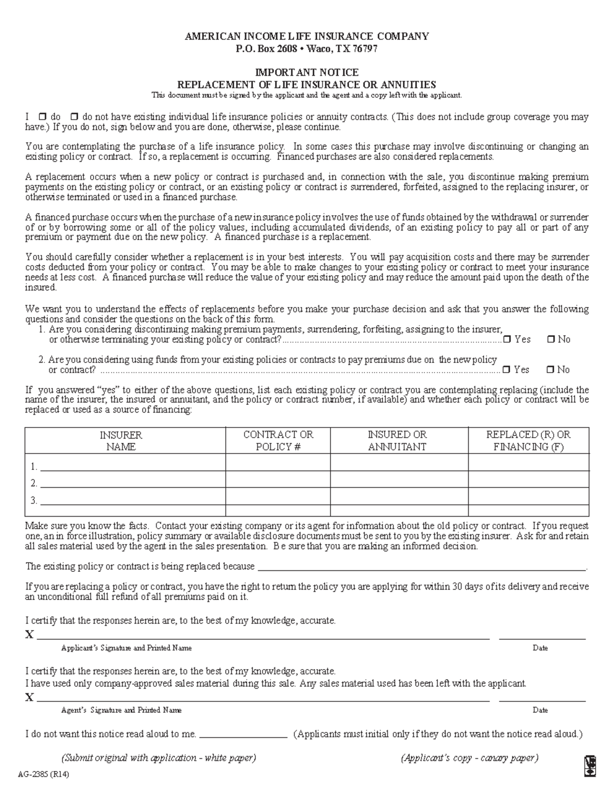 AZReplacement - tngjkefnjer - AMERICAN INCOME LIFE INSURANCE COMPANY P ...