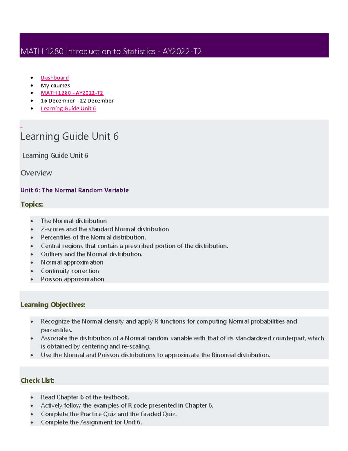 Learning Guide Unit 6 - Lecture notes 6 - MATH 1280 Introduction to ...